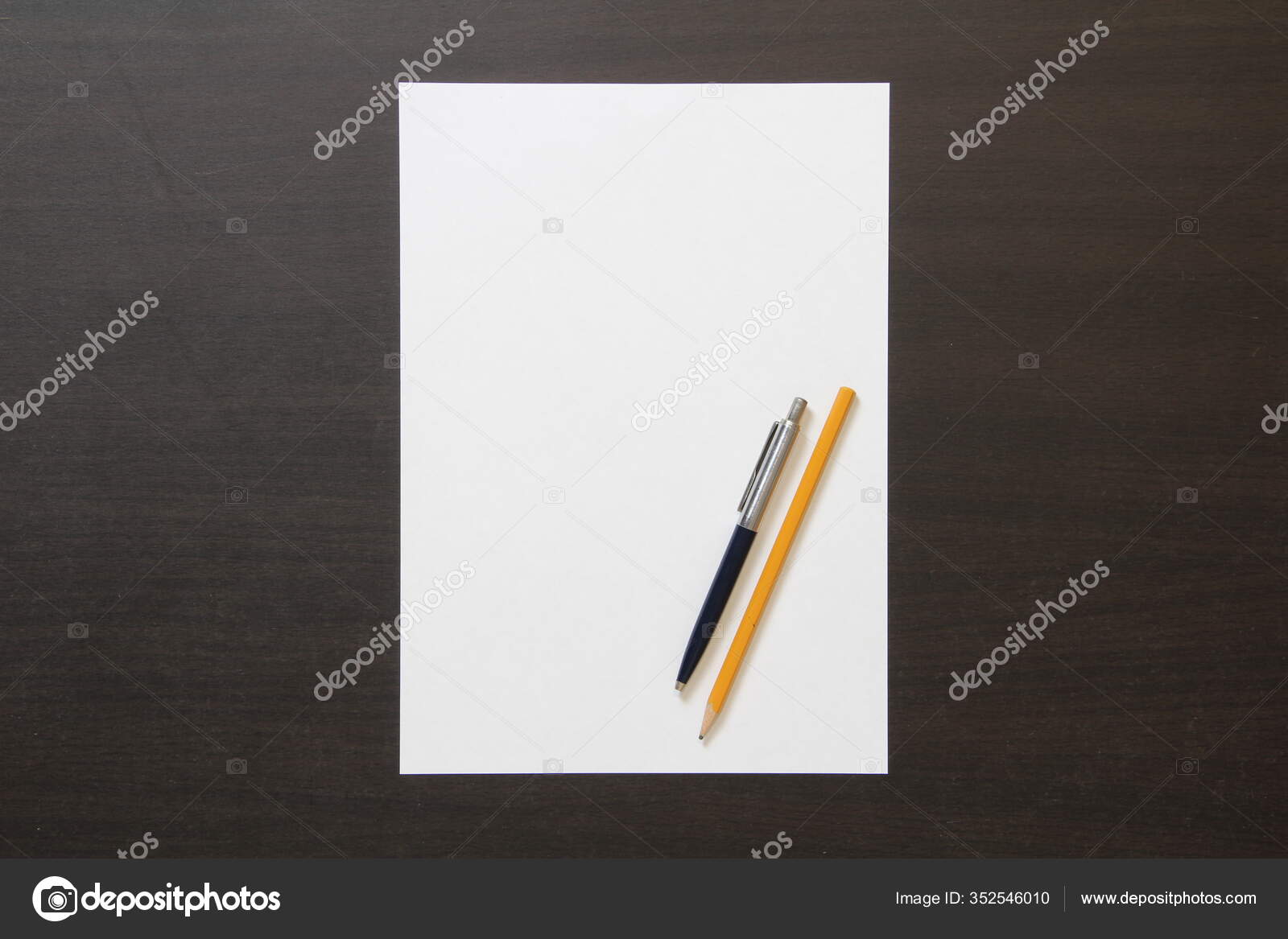 Template White Paper Pen Pencil Dark Wenge Color Wooden Background ...