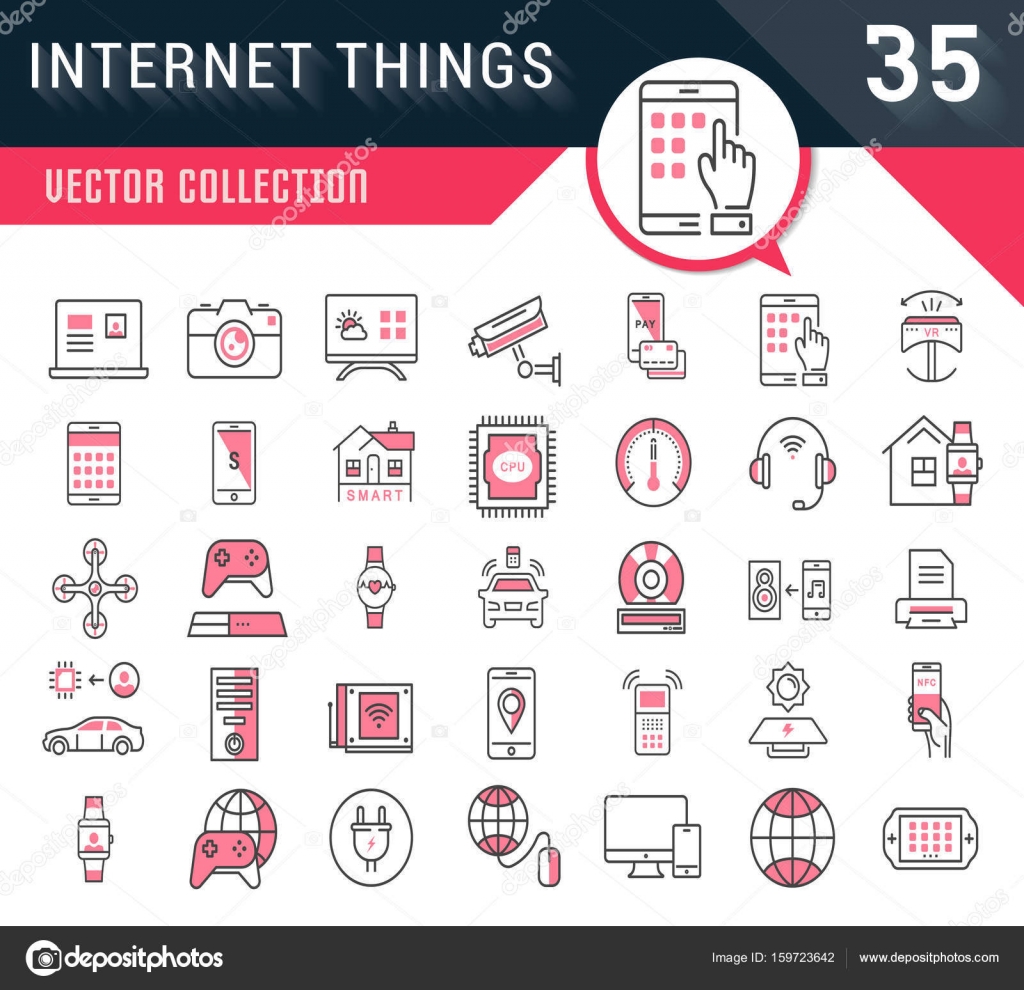 Set Vector Flat Line Icons Internet of Things — Stock Vector ...