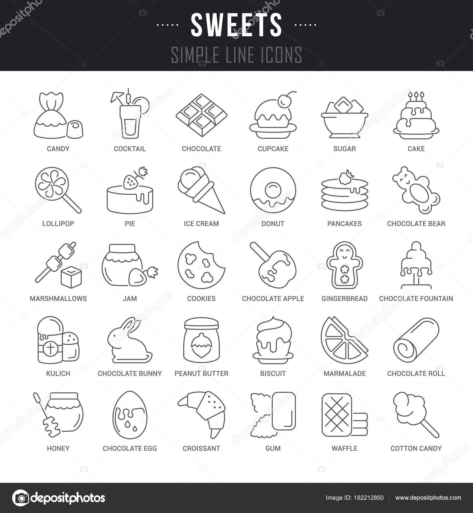 Set Outline Signs Symbols Sweets Names Collection Vector Thin Line ...