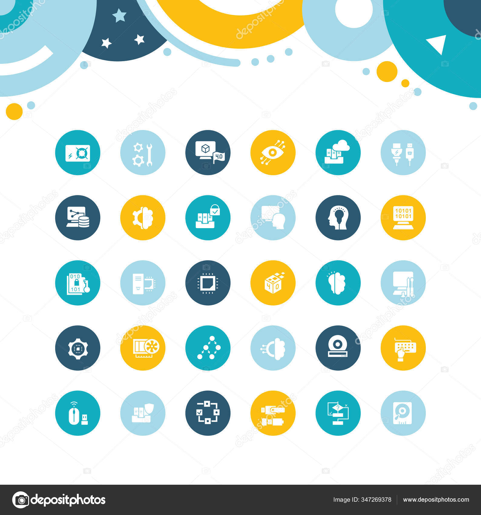 Sammlung Einfacher Ikonen Der Informatik Auf Farbkreisen Moderne Weiße ...