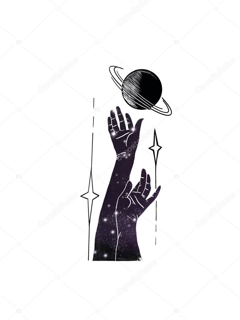 ilustración en la que las manos llenas del universo alcanzan el planeta ...