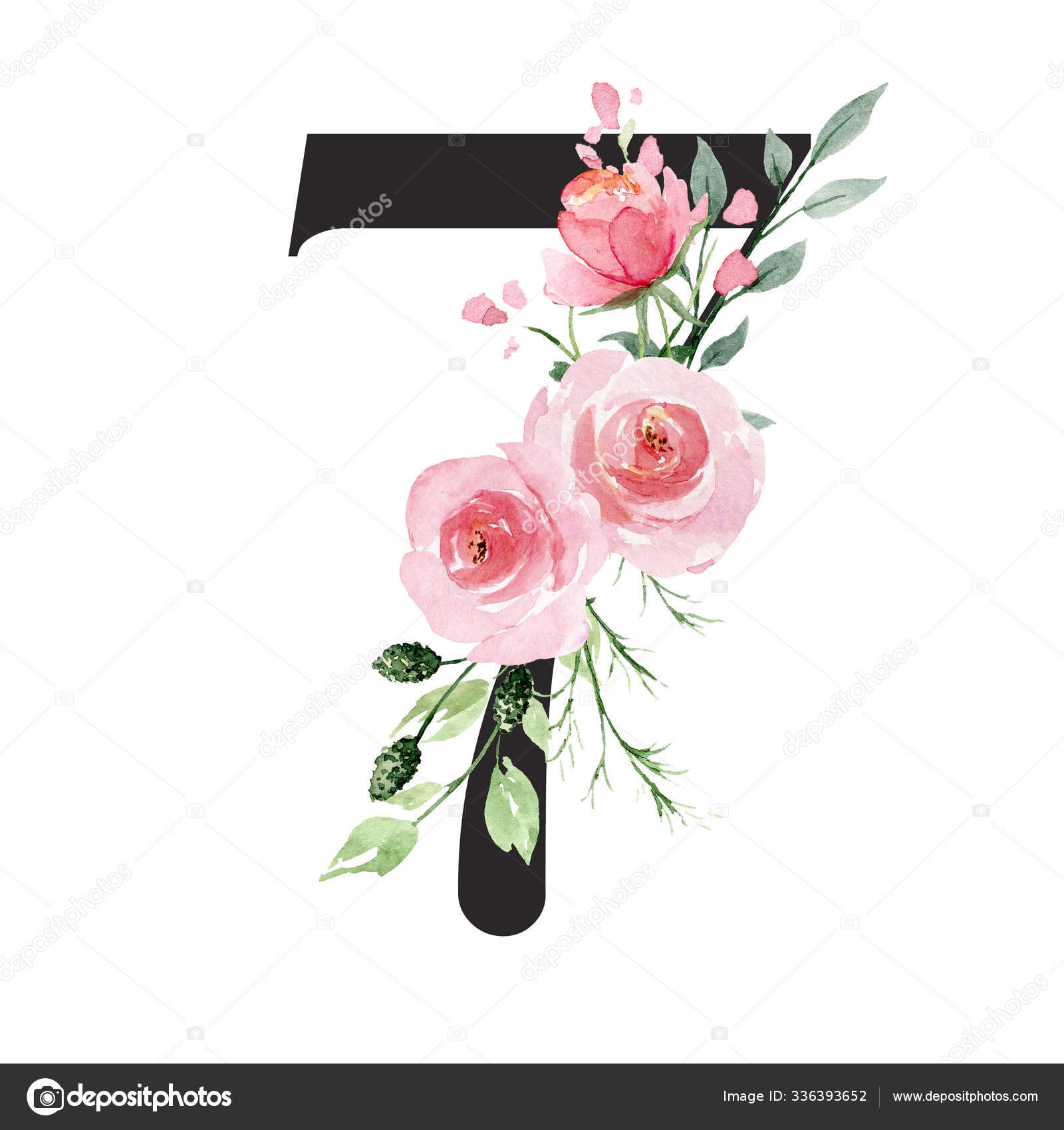 Creative Number Flowers Leaves Hand Drawn Watercolor Painting Stock ...