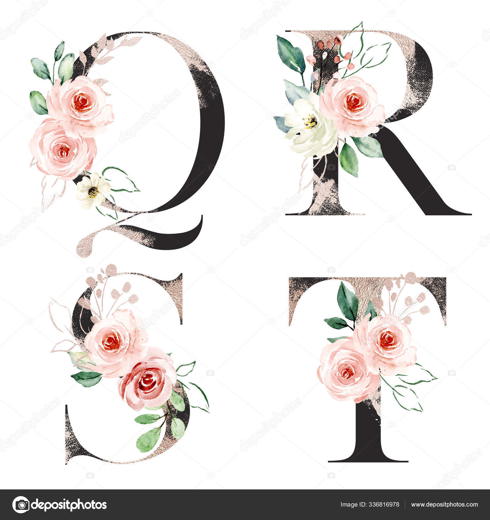 Beautiful Letters Set Flowers Leaves Watercolor Painting Stock ...