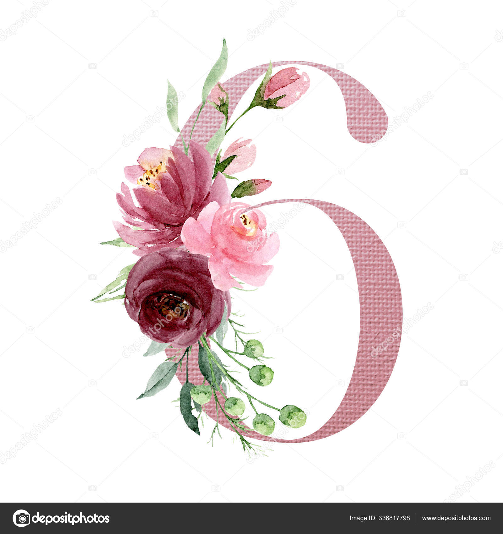 Número Acuarela Dibujada Mano Diseño Pintura Arte Floral Ilustración de ...