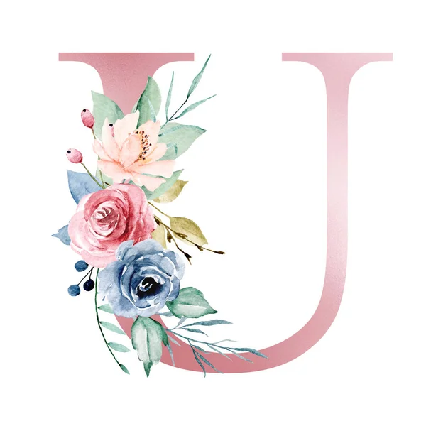 Floral Monogram Letter Watercolor Painting Flowers Leaves Stock ...