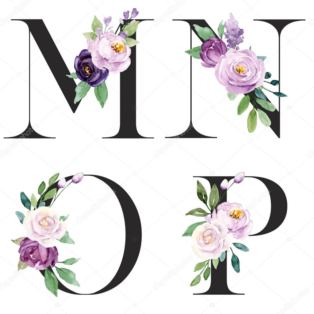 hermosas letras con flores y hojas, acuarela pintura 2023