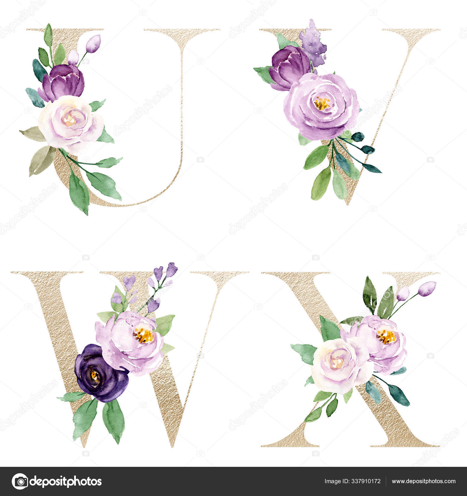 Beautiful Letters Set Flowers Leaves Watercolor Painting Stock ...