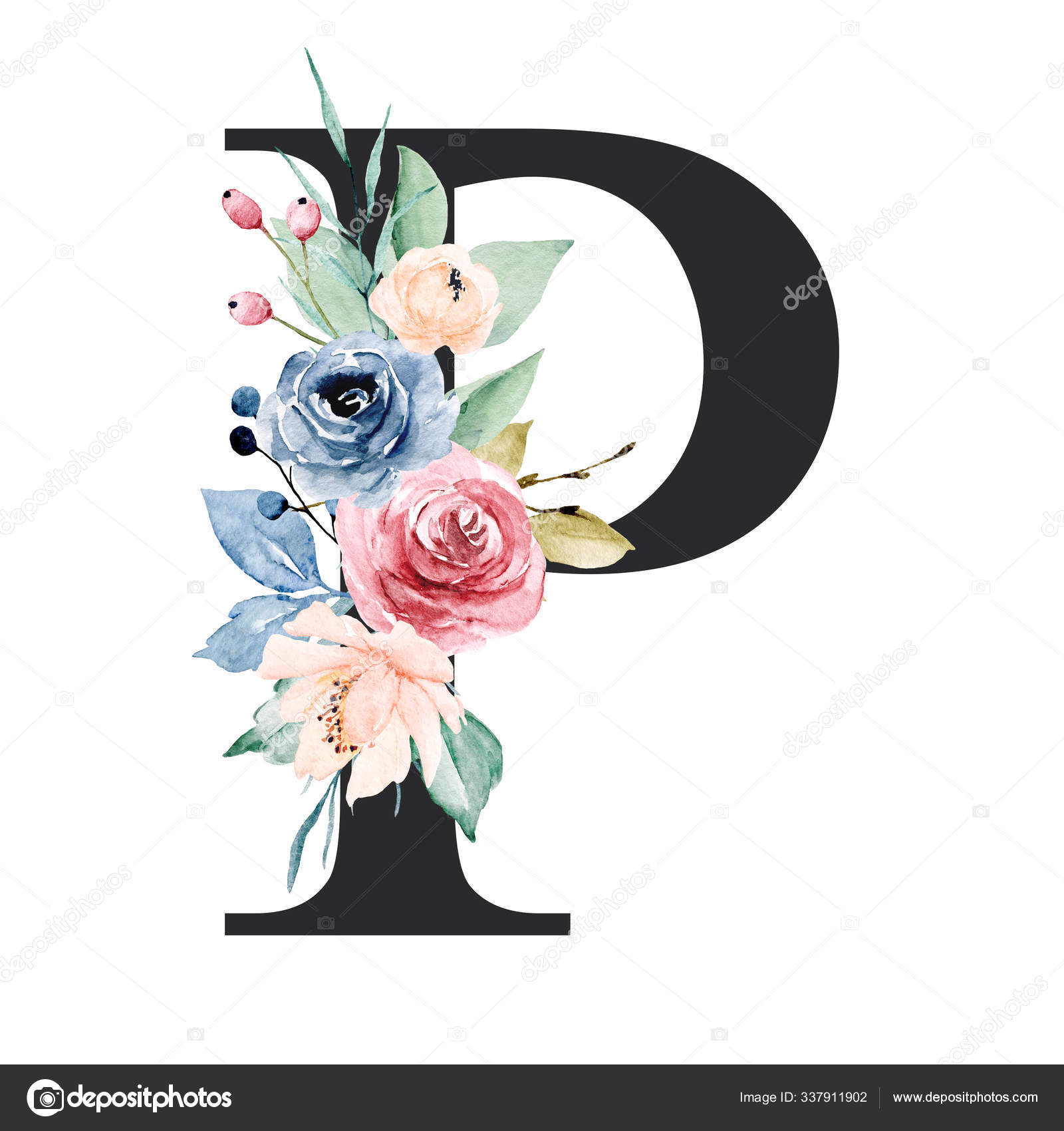 Floral Monogram Letter Watercolor Painting Flowers Leaves Stock ...