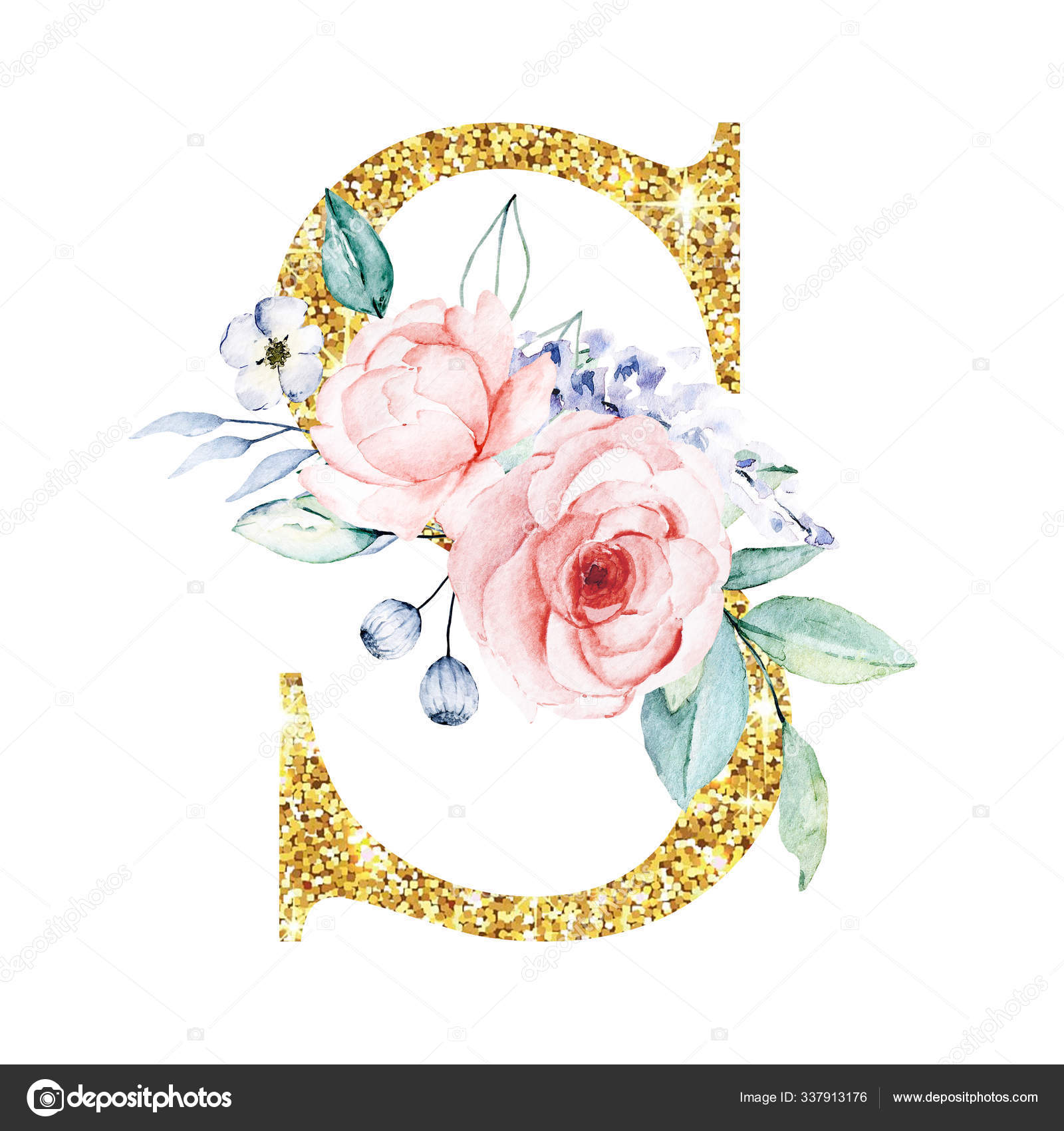 Alfabeto Dorado Letra Con Flores Hojas Acuarela Pintura Arte Monograma ...