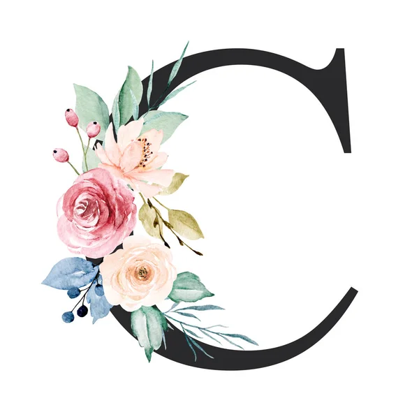 Floral Monogram Letter Watercolor Painting Flowers Leaves Stock ...