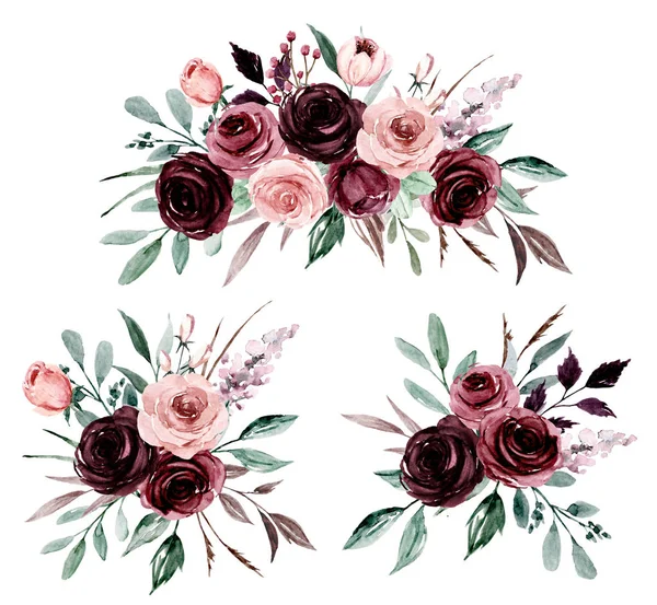 Floral collection with watercolor flowers, set of colorful bouquets ...
