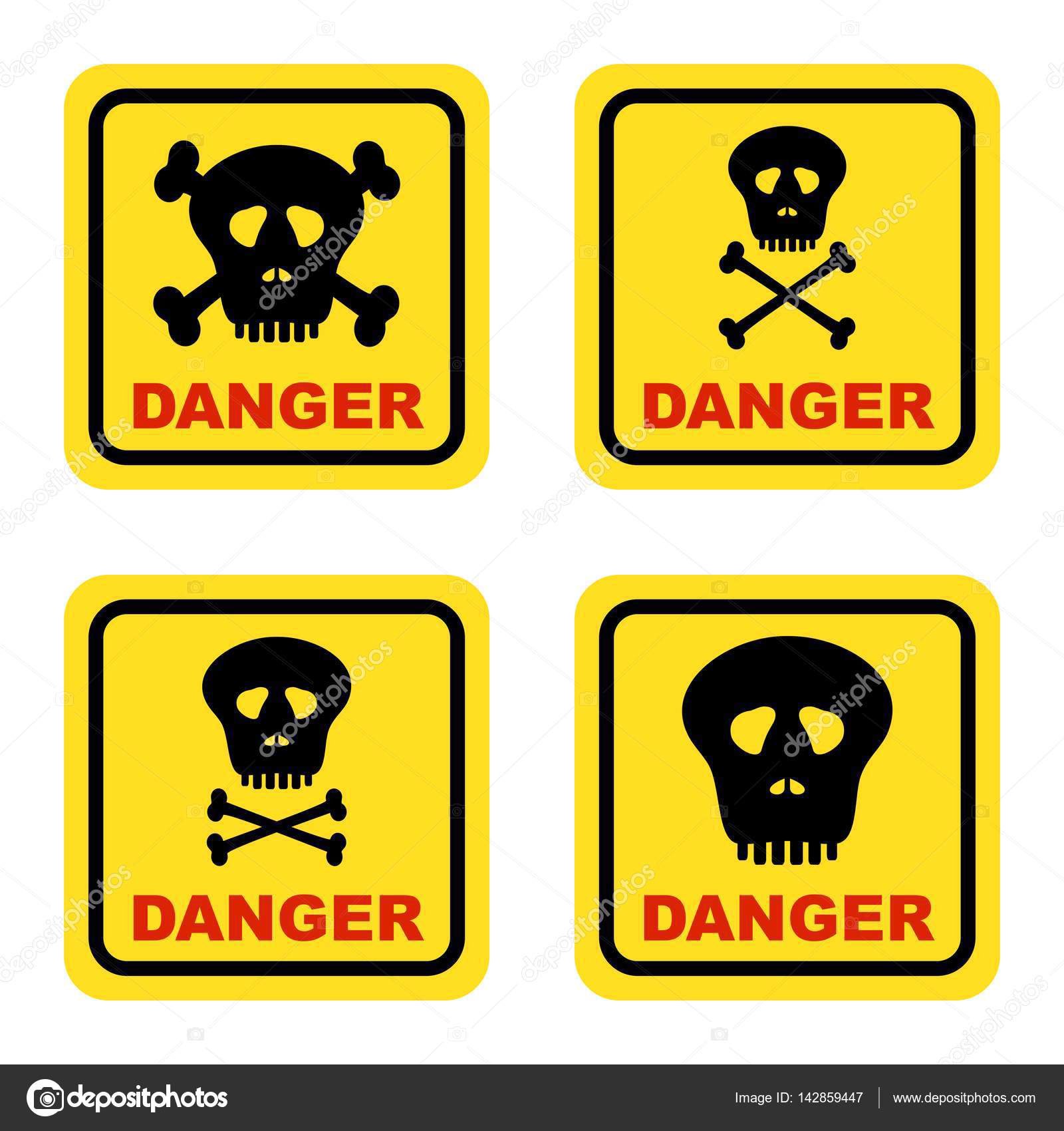 Set warning yellow signs with black contour danger to human skulls and ...