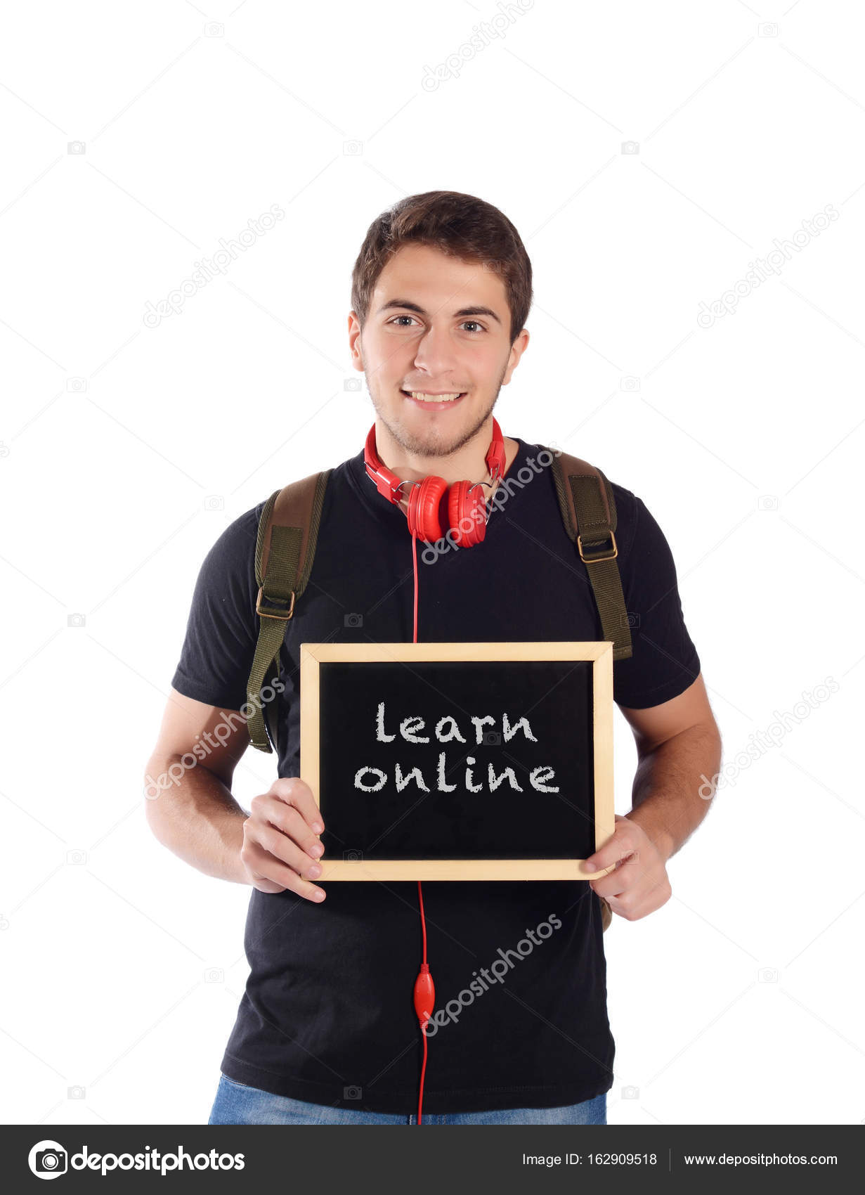 Man holding chalkboard with "Learn online". — Stock Photo © nicomenijes ...