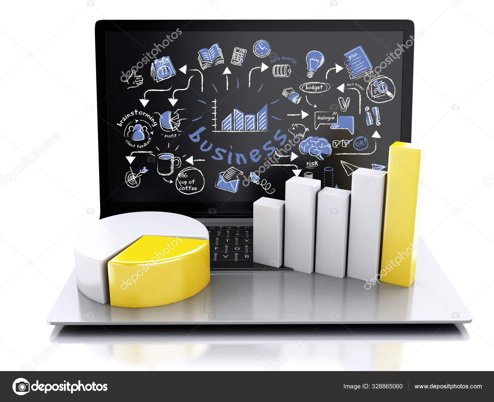 3d Laptop with charts and graph. Business success concept. Isola Stock ...