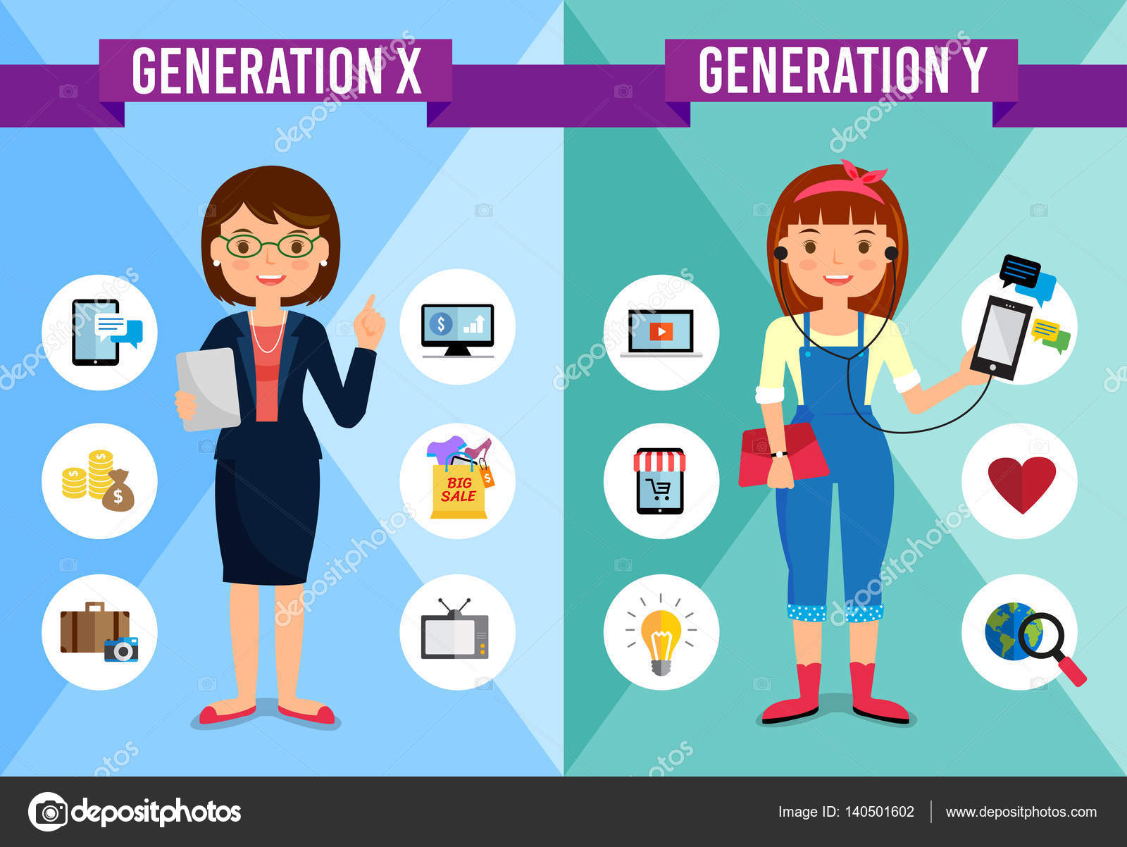 Generación X, Generación Y - personaje de dibujos animados Vector de ...