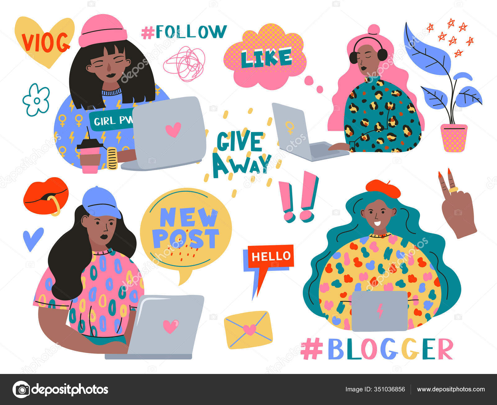 Blogging Vlogging Set Cute Funny Girls Bloggers Laptop Creating Content ...