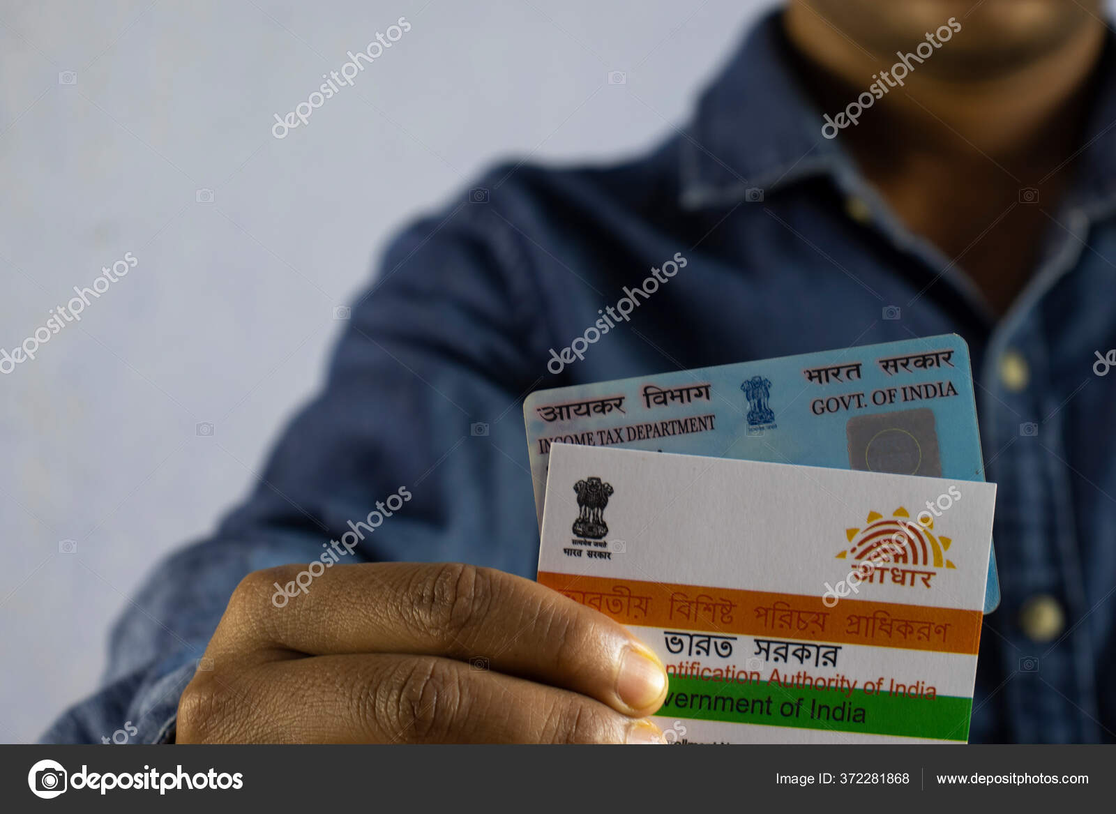 Indian Man Holding Pan Aadhaar Cards White Background Selective Focus ...