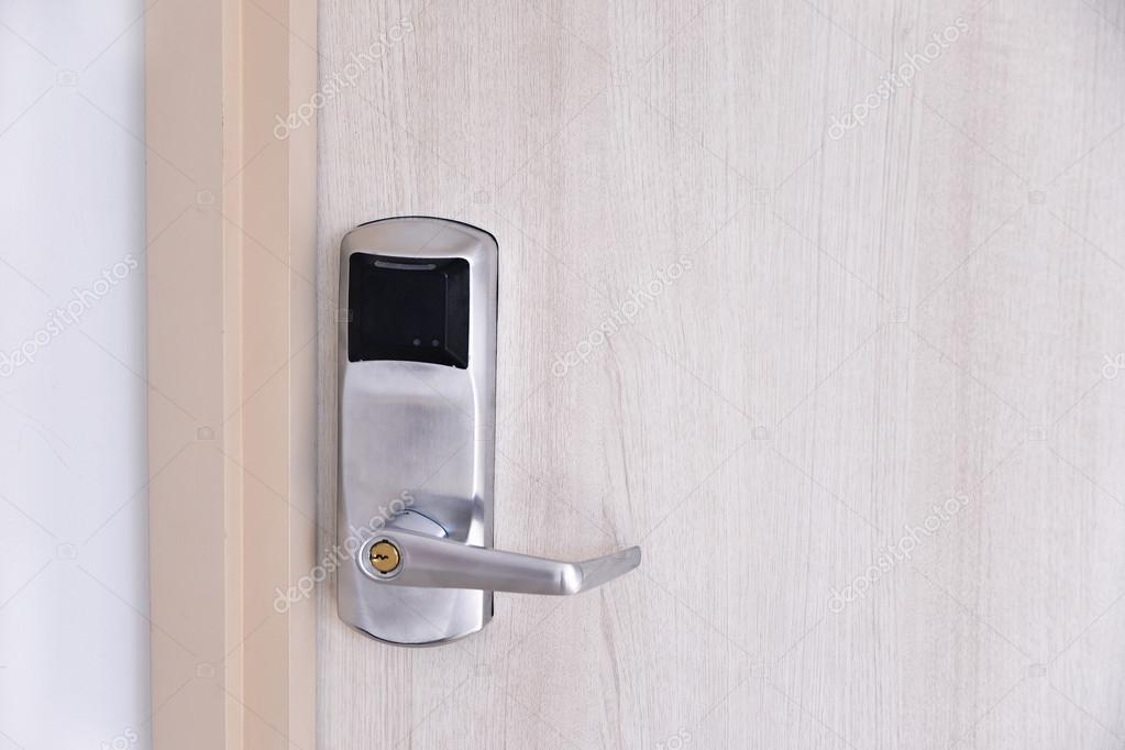 Entrance wood door with electronic keycard lock system — Stock Photo ...