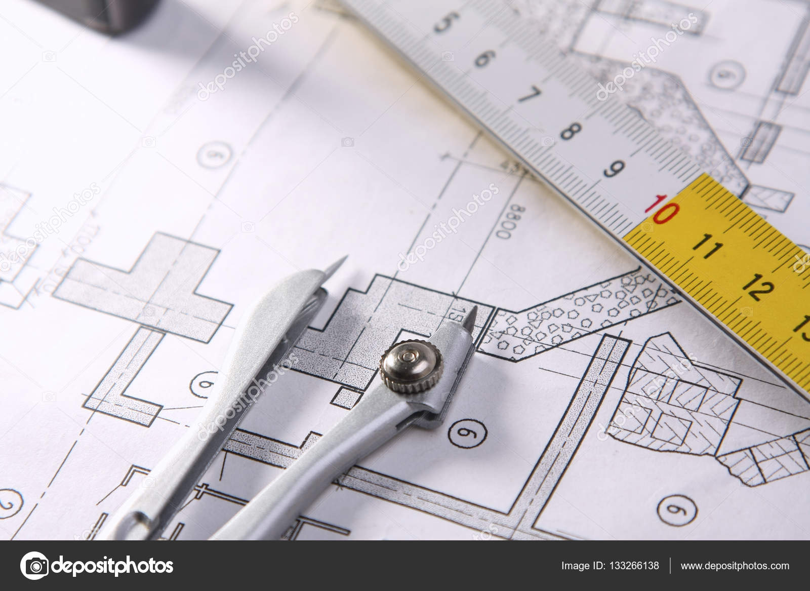 Architectural plans, compass and ruler on the desk — Stock Photo ...