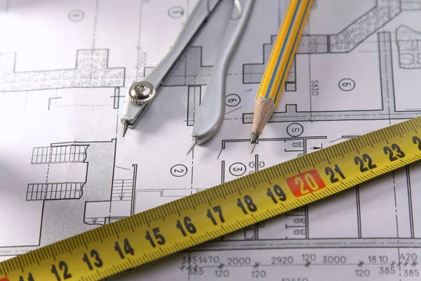 Architectural plans, compass and ruler on the desk — Stock Photo ...