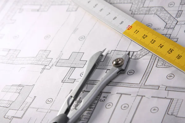 Architectural plans, compass and ruler on the desk — Stock Photo ...