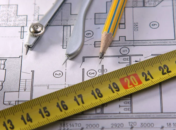 Architectural plans, compass and ruler on the desk — Stock Photo ...