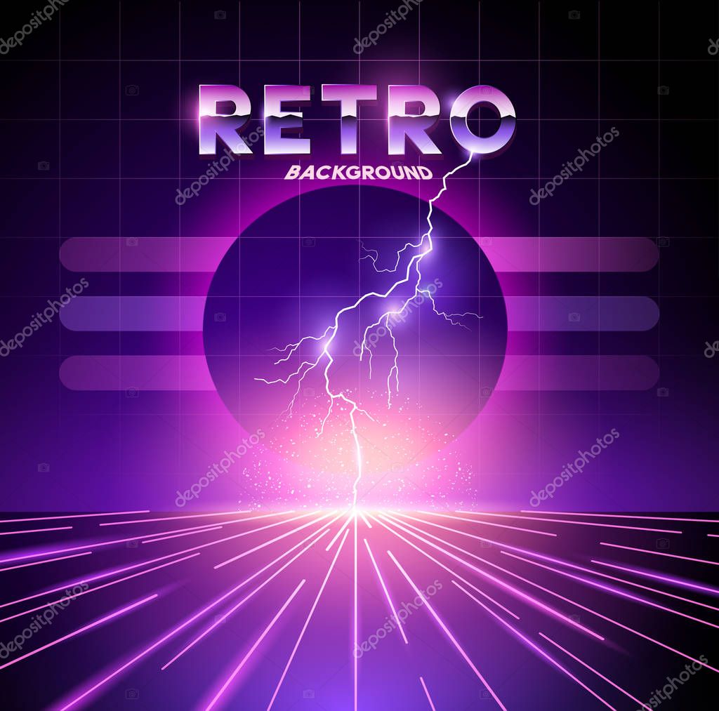 1980s neon | Retro 1980's neon horizon background with lightning bolts ... 1980s neon | Retro 1980's neon horizon background with lightning bolts ...