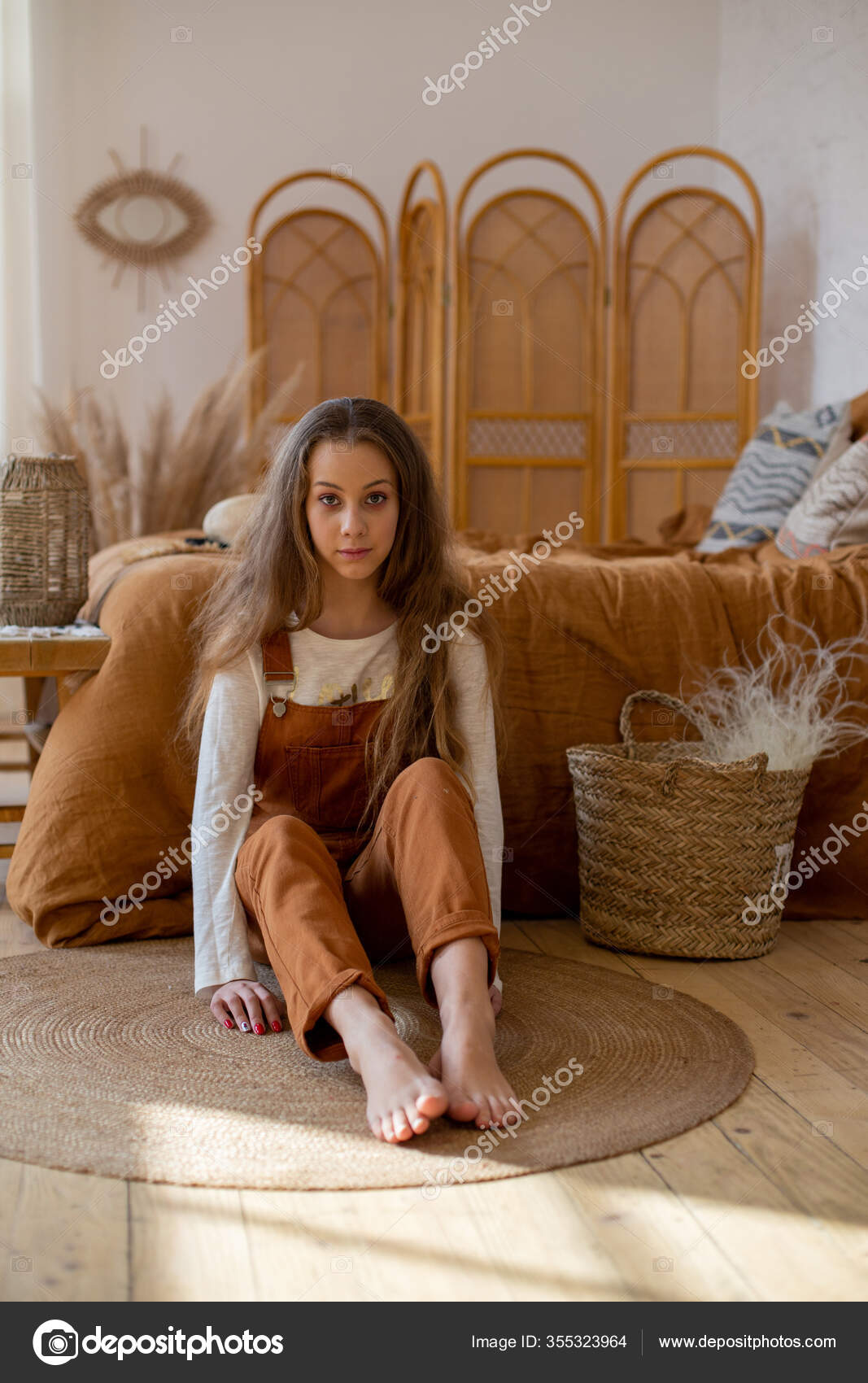 Barefoot Girl Sitting Floor Wicker Rug Bed Stock Photo by ...