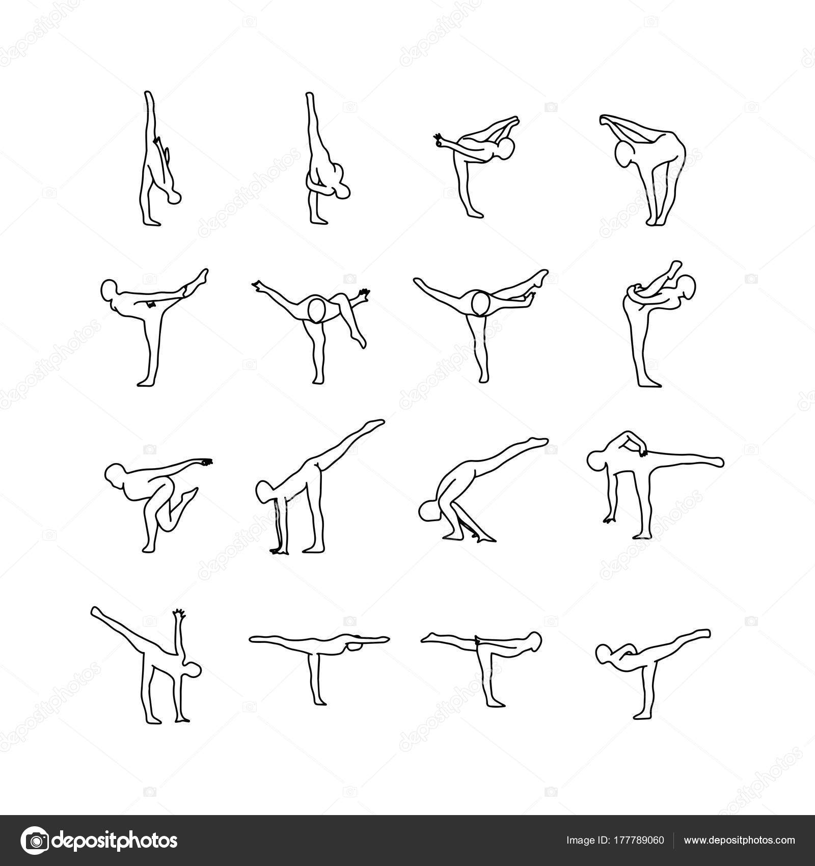 Yoga Poses Vector Illustration Outline Sketch Hand Drawn With Black