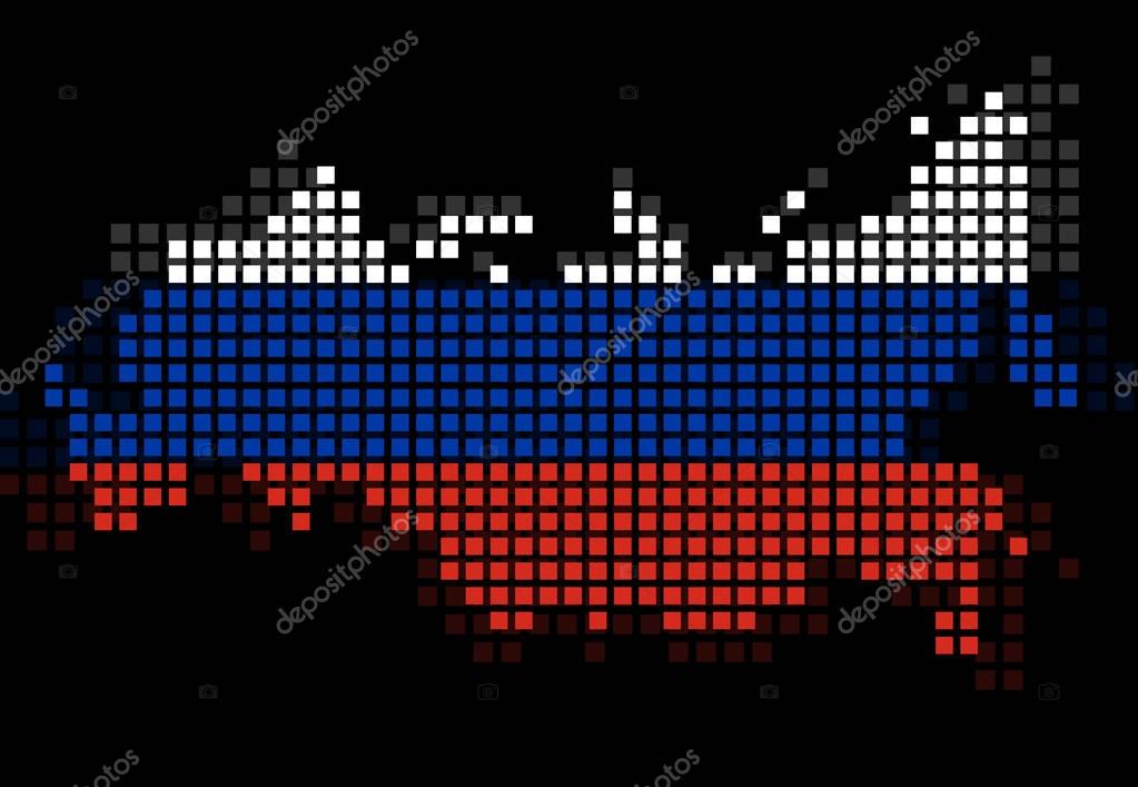 Pixel mapa de Rusia con la bandera dentro. Vector 2022