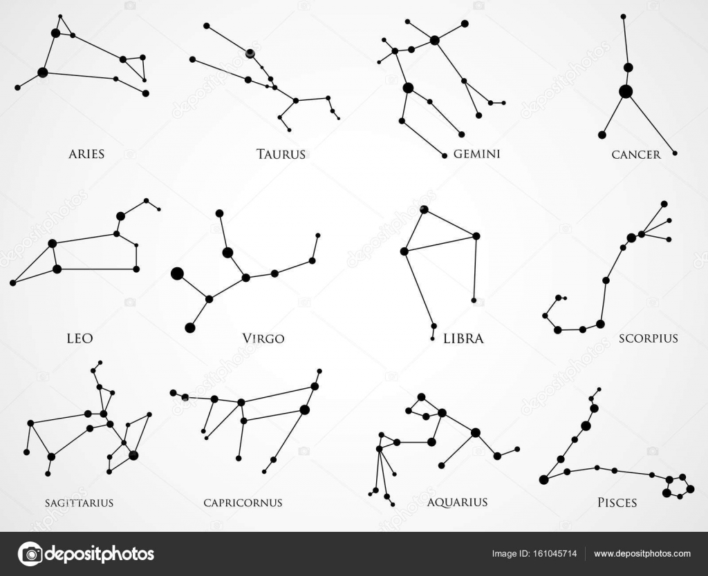 Set of zodiac constellations. Horoscope set: Aries, Leo, Sagitarius ...