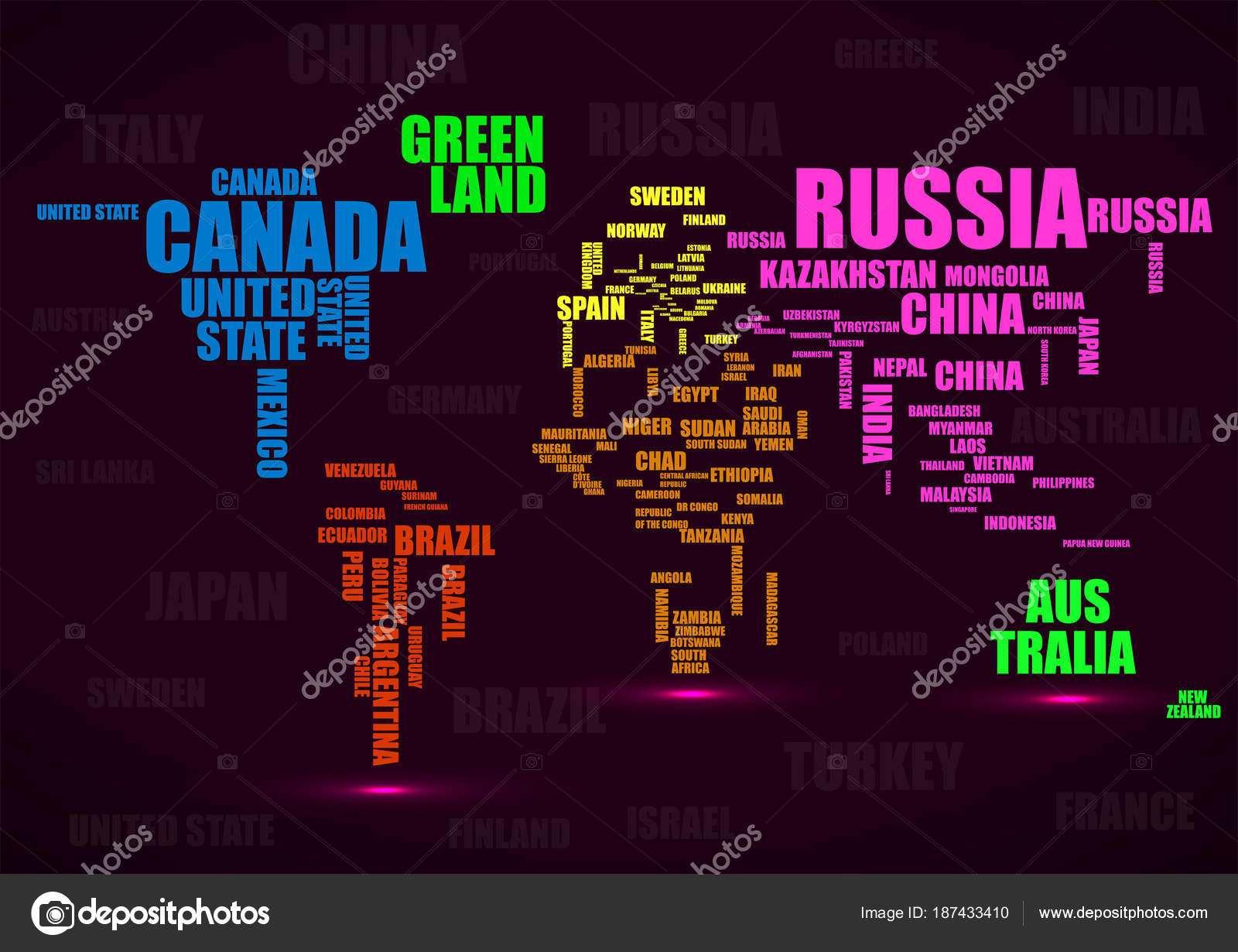 Tipografía colorido mapa del mundo con nombres de país. Vector Vector ...