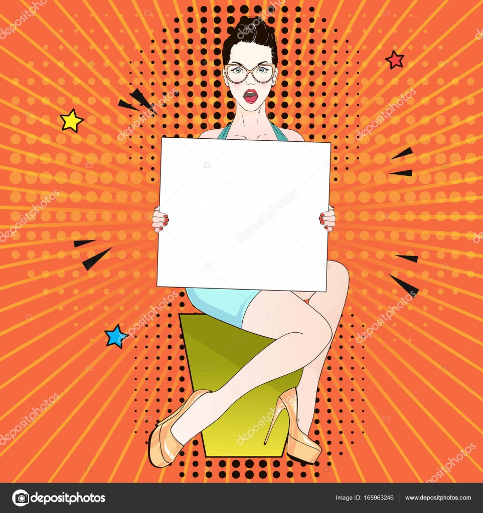 Pop Art Vintage advertising poster comic girl in blue dress and beige ...