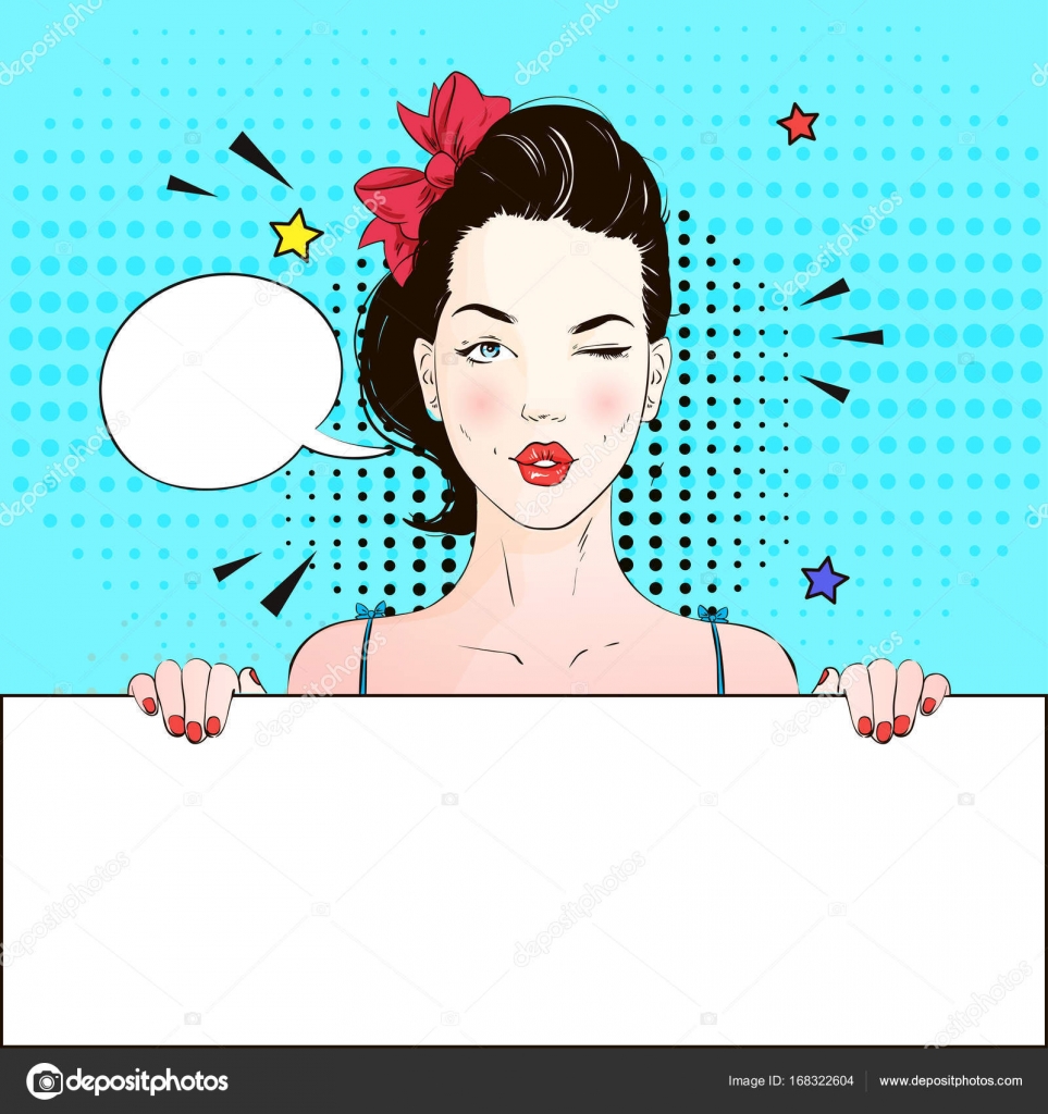 Pop Art Vintage Advertising Poster Comic Girl With Speech Bubble Holds