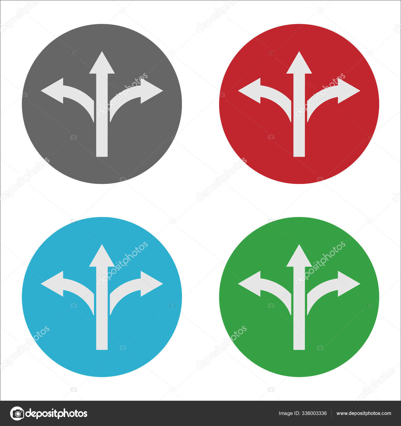 Three-way direction arrow in colour circles . 3 Ways Road Sign set ...
