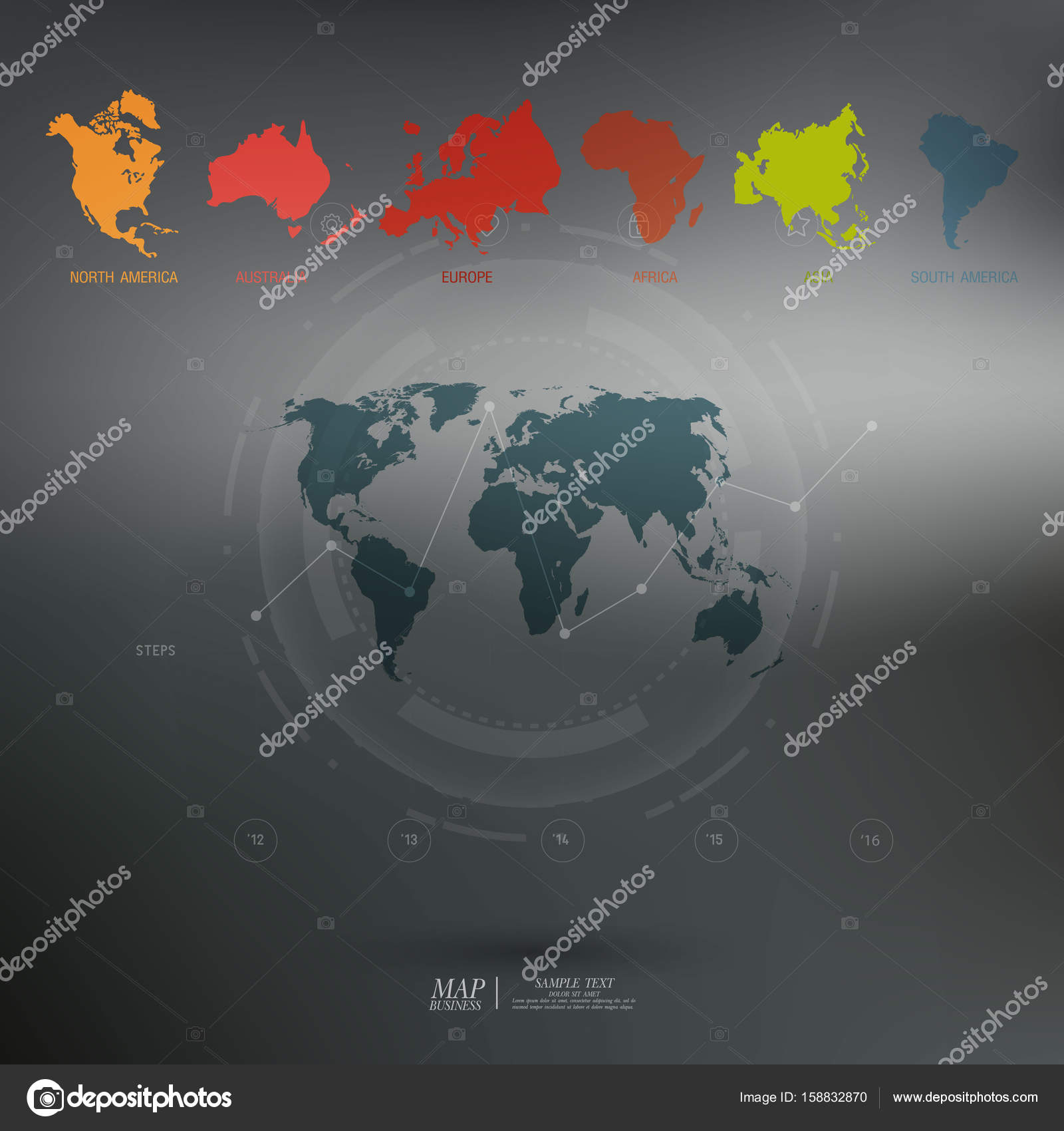 World map with different colored continents - Illustration Stock Vector ...