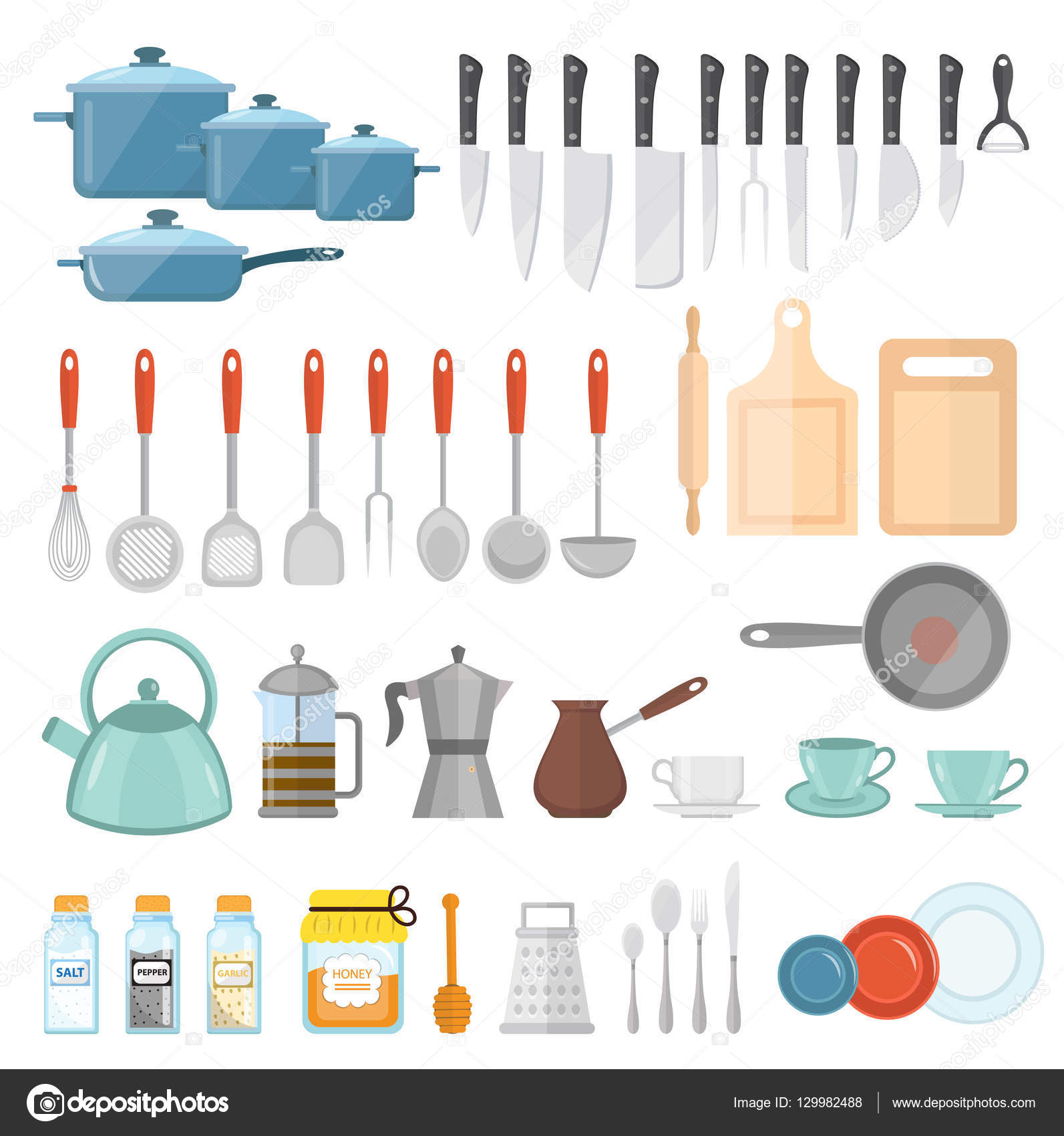 Cookware set of icons, flat style. Kitchen utensils set of high ...
