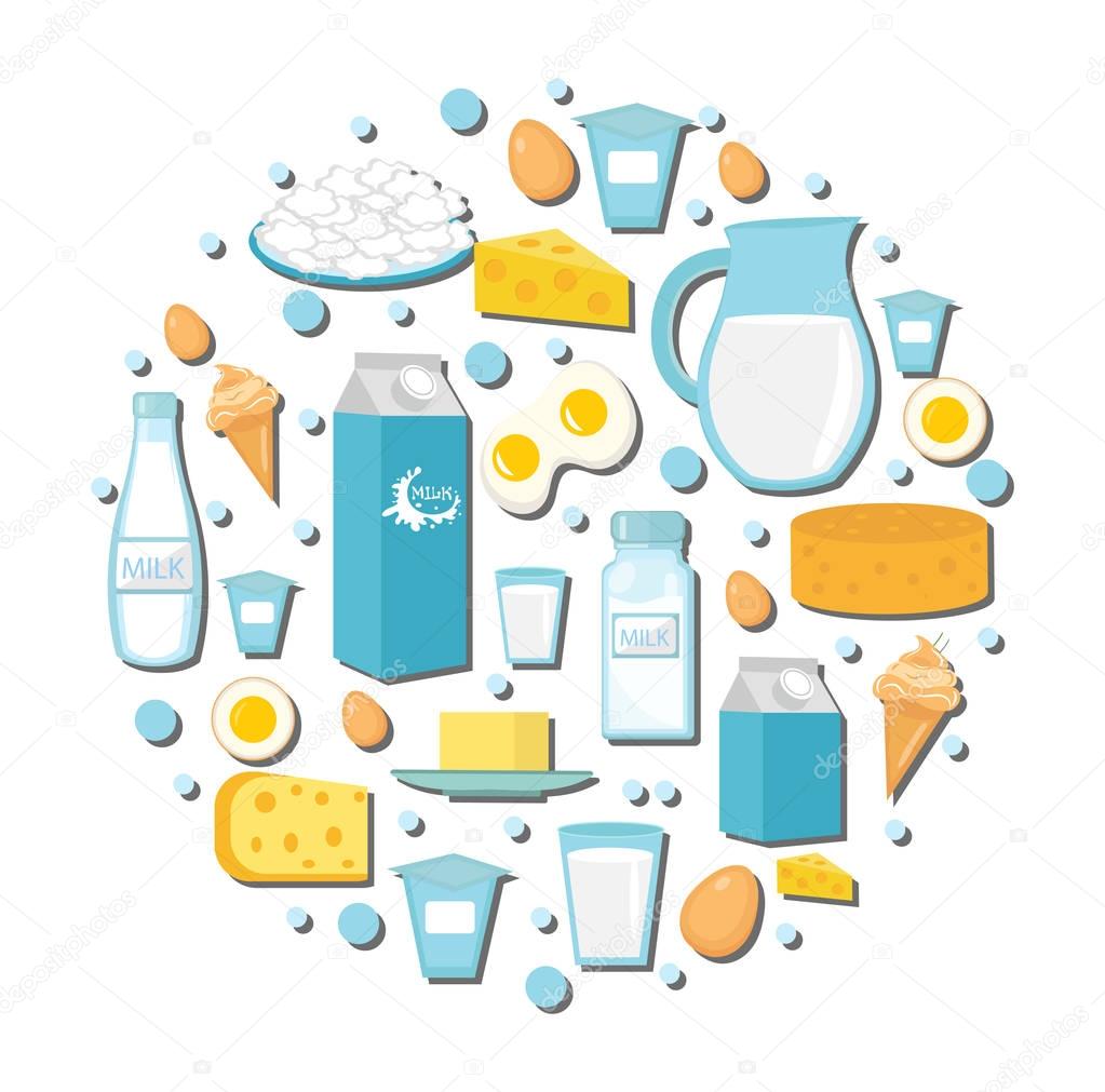 Dairy products icon set in the shape of circle. Flat style. isolated on ...