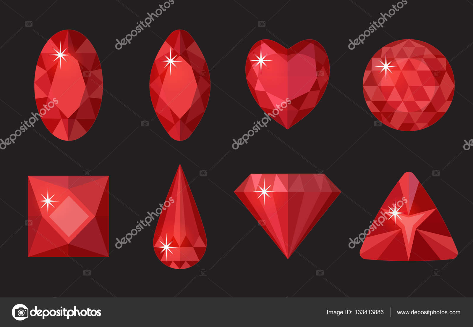 Red Gems Set Jewelry Crystals Collection Isolated On Black Background Rubies Diamonds Of