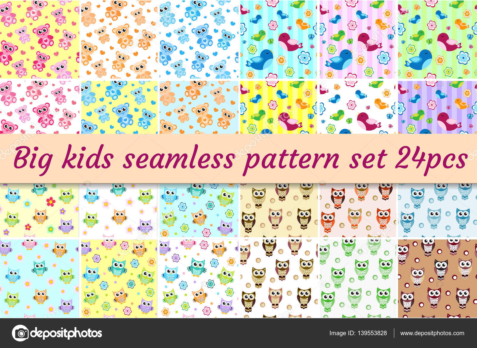 Kids seamless pattern big set. Children endless background with cute ...