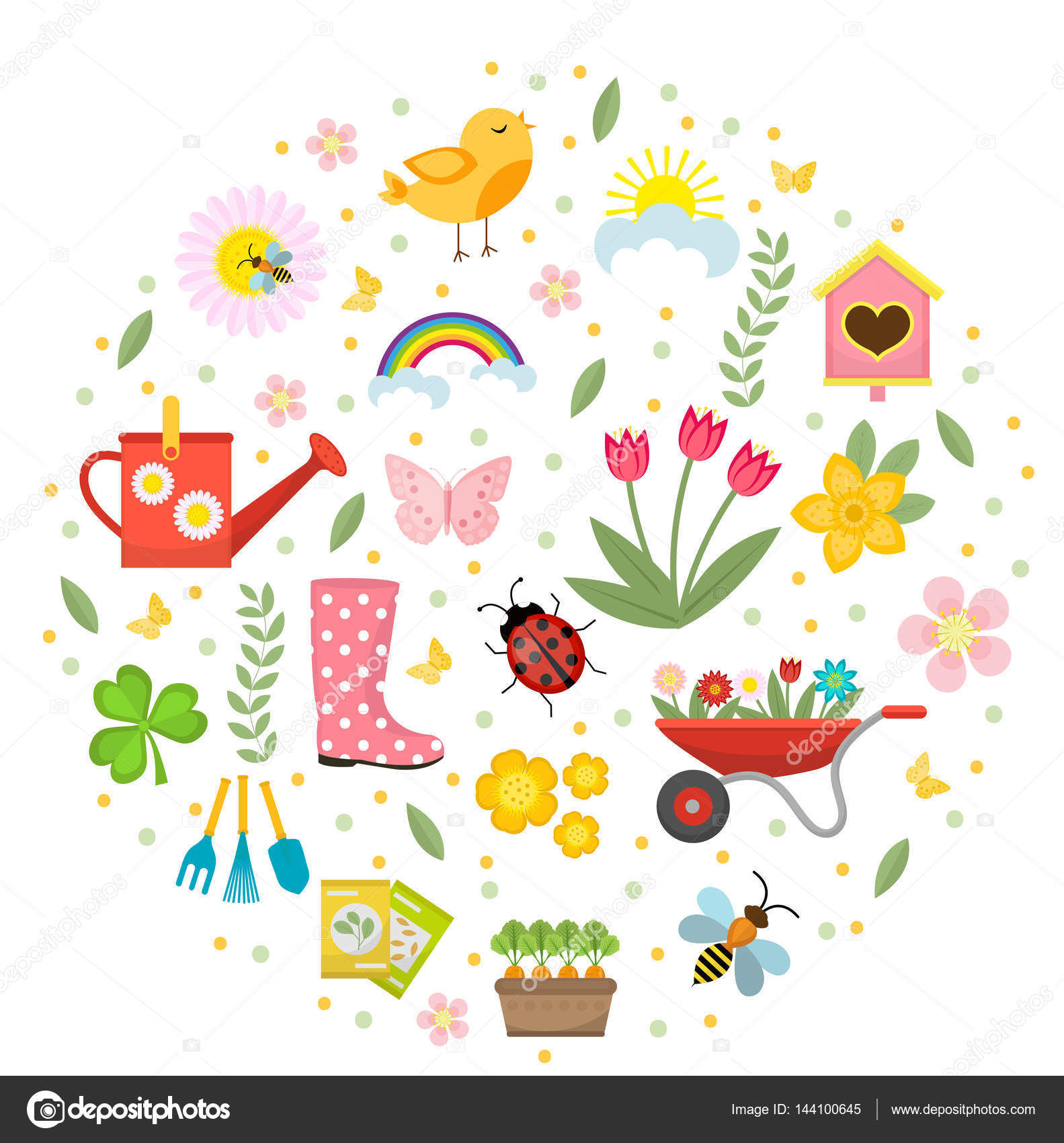 Spring icons set in round shape, flat style. Gardening cute collection ...