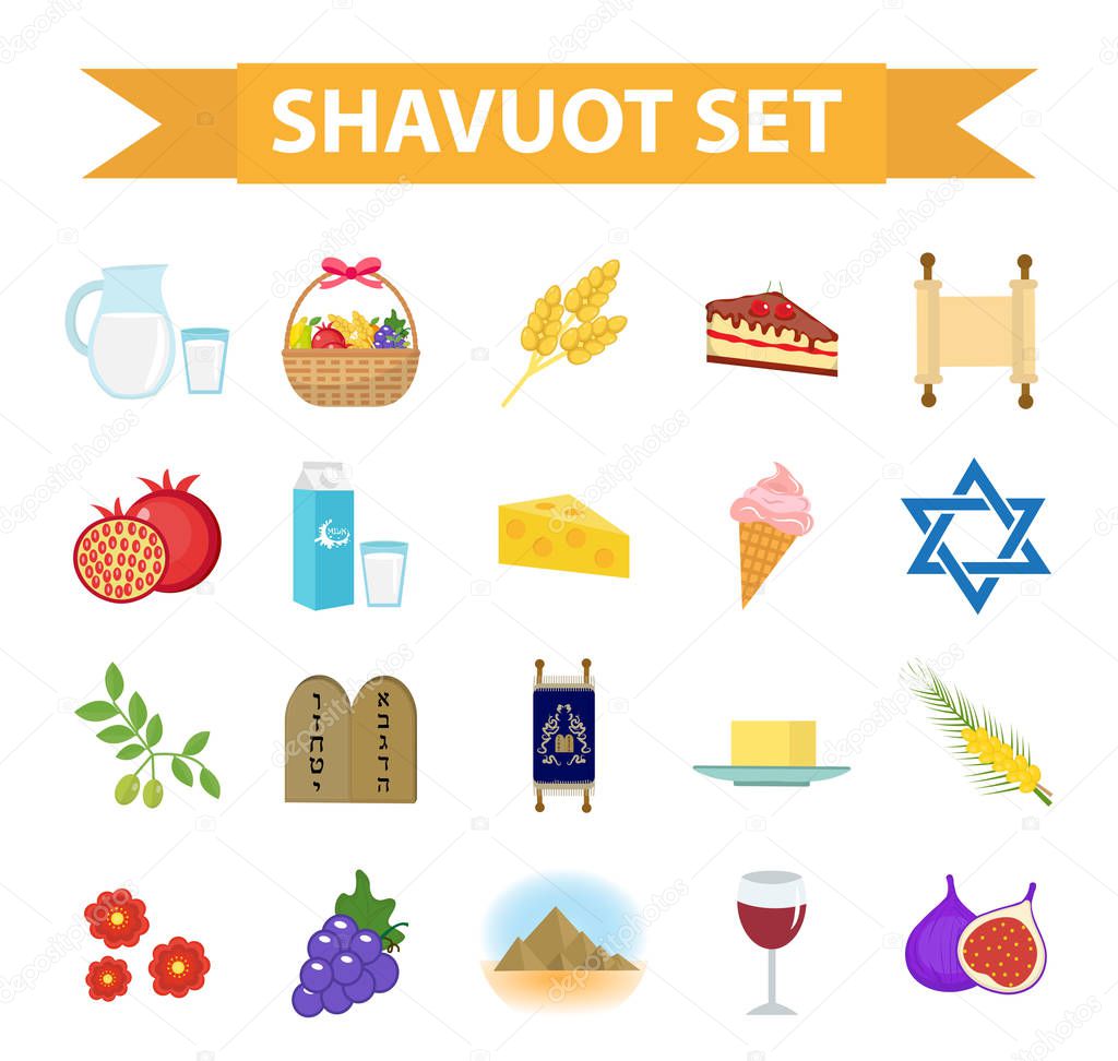 Conjunto de iconos Shavuot, estilo plano. Elementos de diseño de la ...