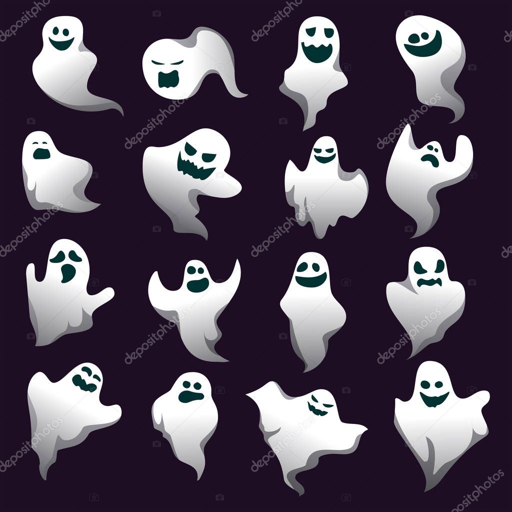 Cartoon spooky ghost character collection. Spooky and scary holiday ...