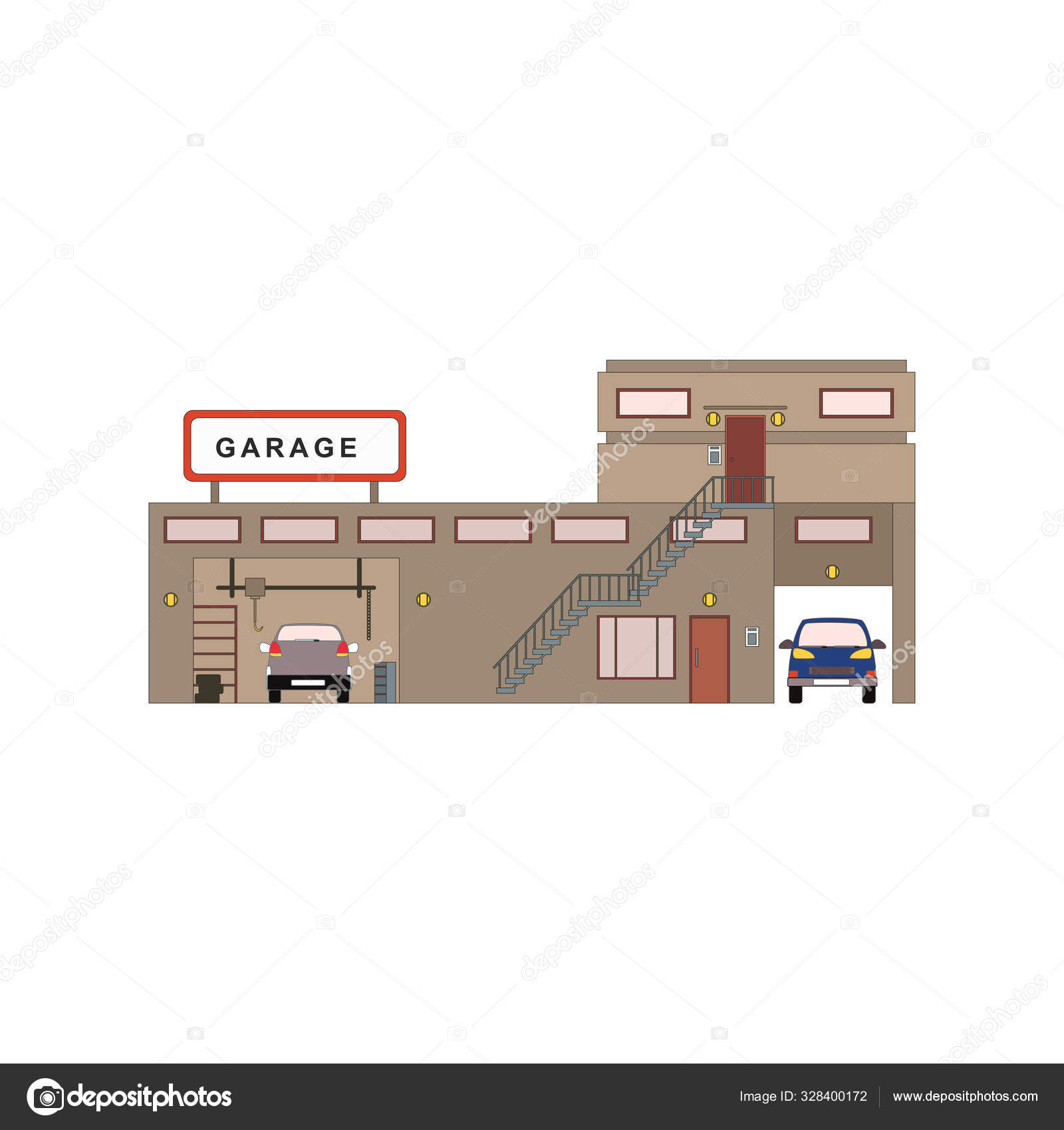 Cartoon garage exterior in flat style front view. Storage repair room ...