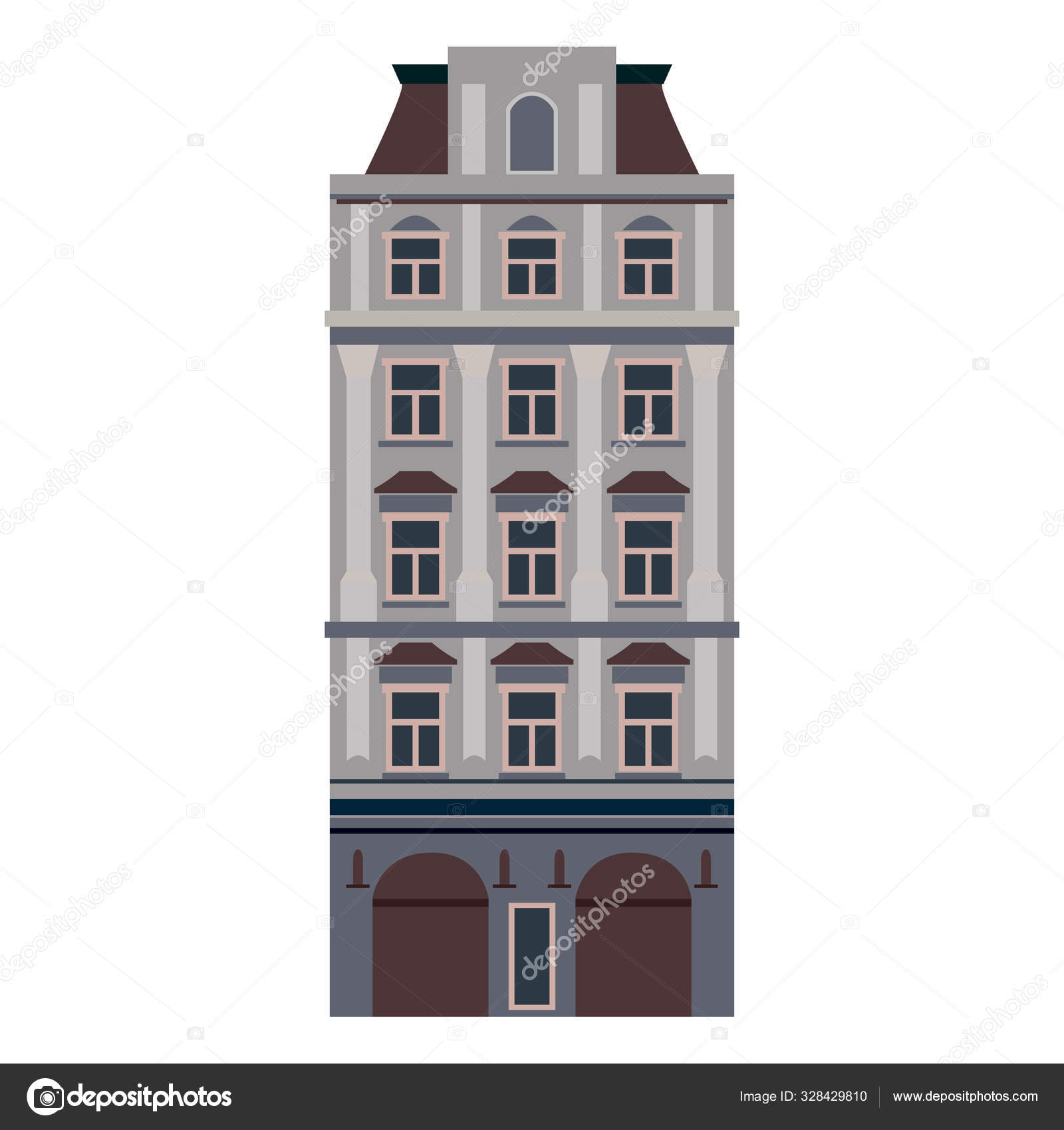 Cartoon classic flat colorful building facade on white background ...