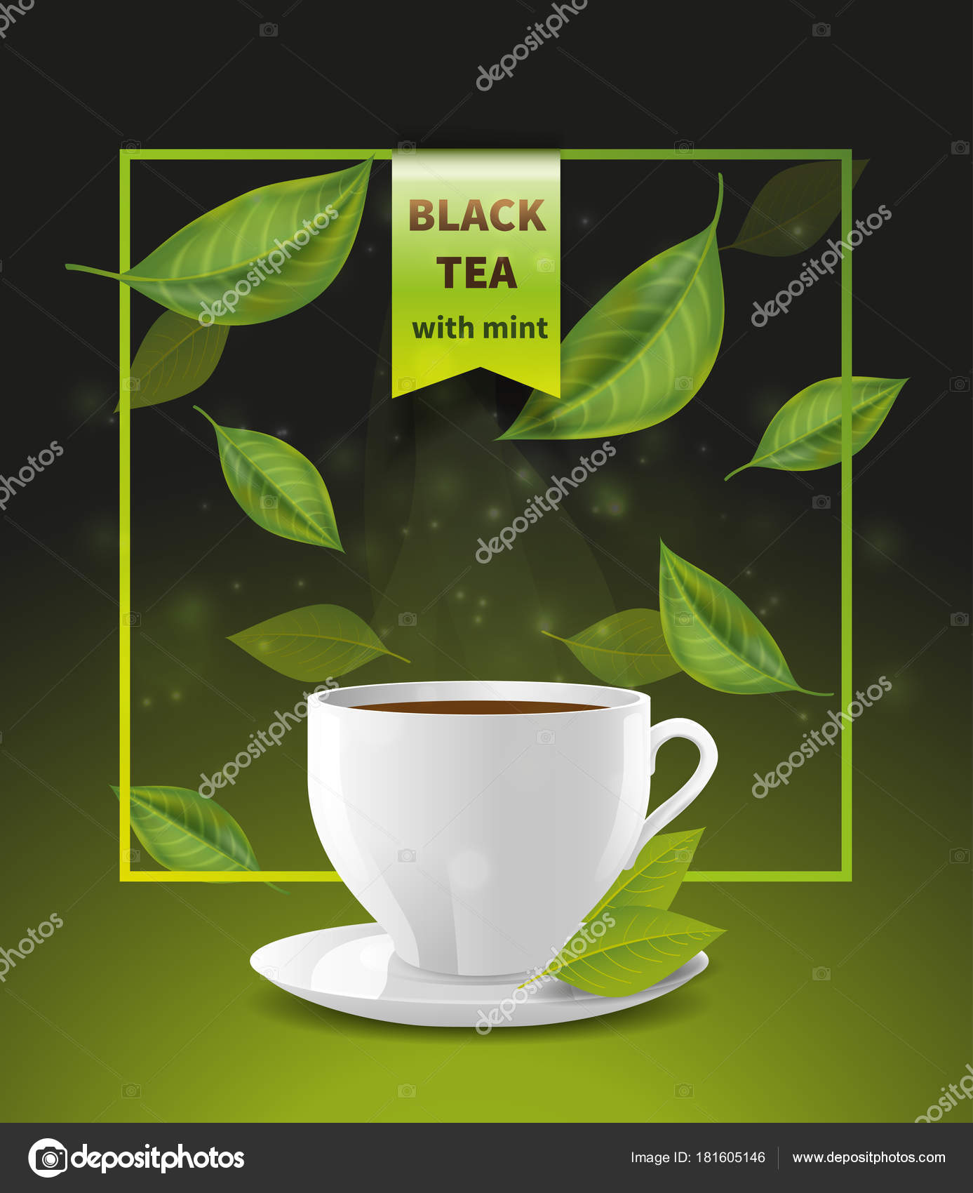 Cup Tea Background Falling Tea Leaves Tea Menu Card Stock Vector by ...
