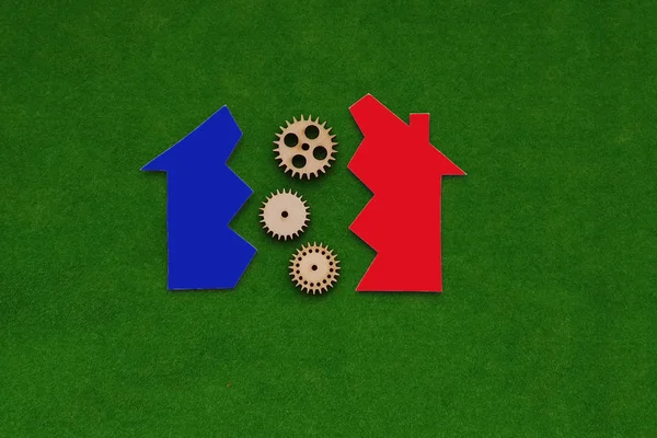House Divided Two Halves Wooden Gears Green Background Shares Property ...