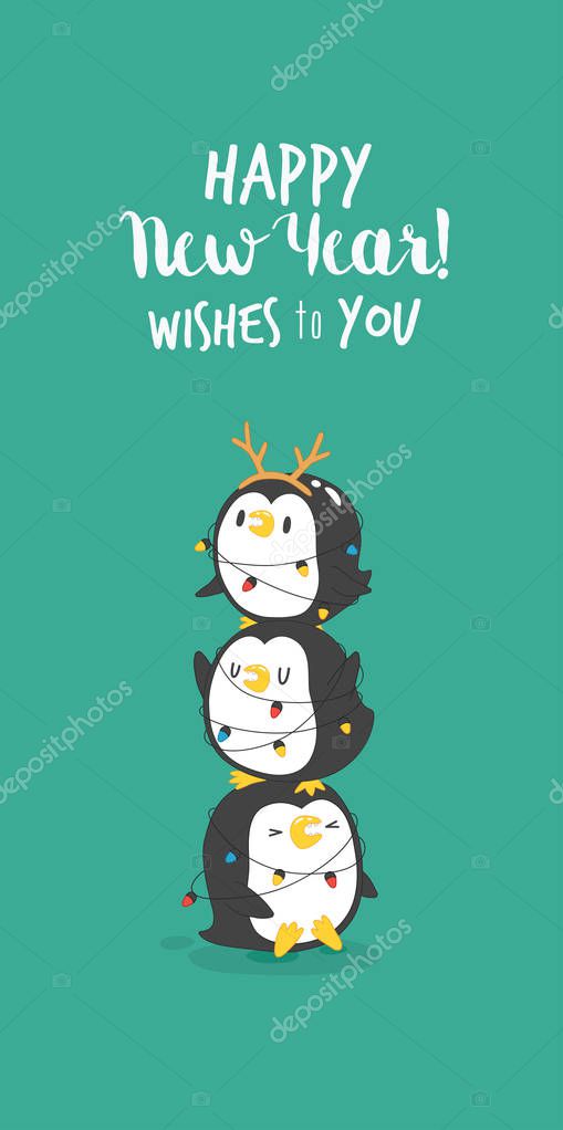 Penguins Happy New Year card — Stock Vector © lenkaserbina #130604288