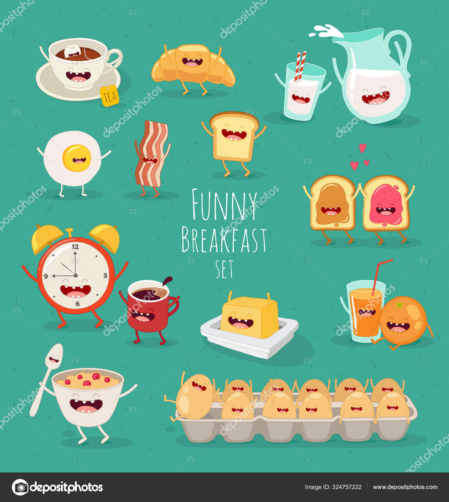 Funny Breakfast Set Green Background Stock Vector Image by ...