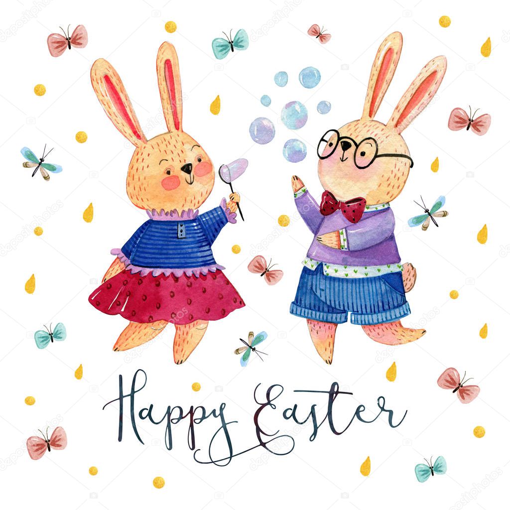 Tarjeta de Pascua. Acuarela mano dibujo postal con un par de conejos ...